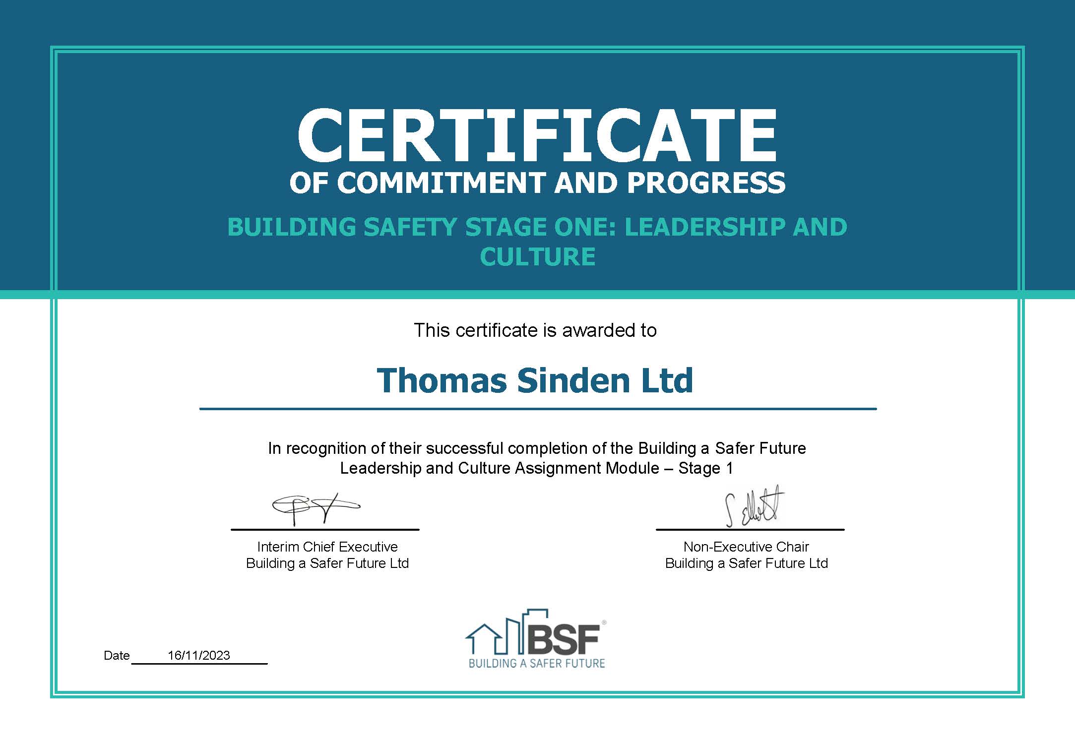 Thomas Sinden achieves the Building Safety Leadership & Culture ...